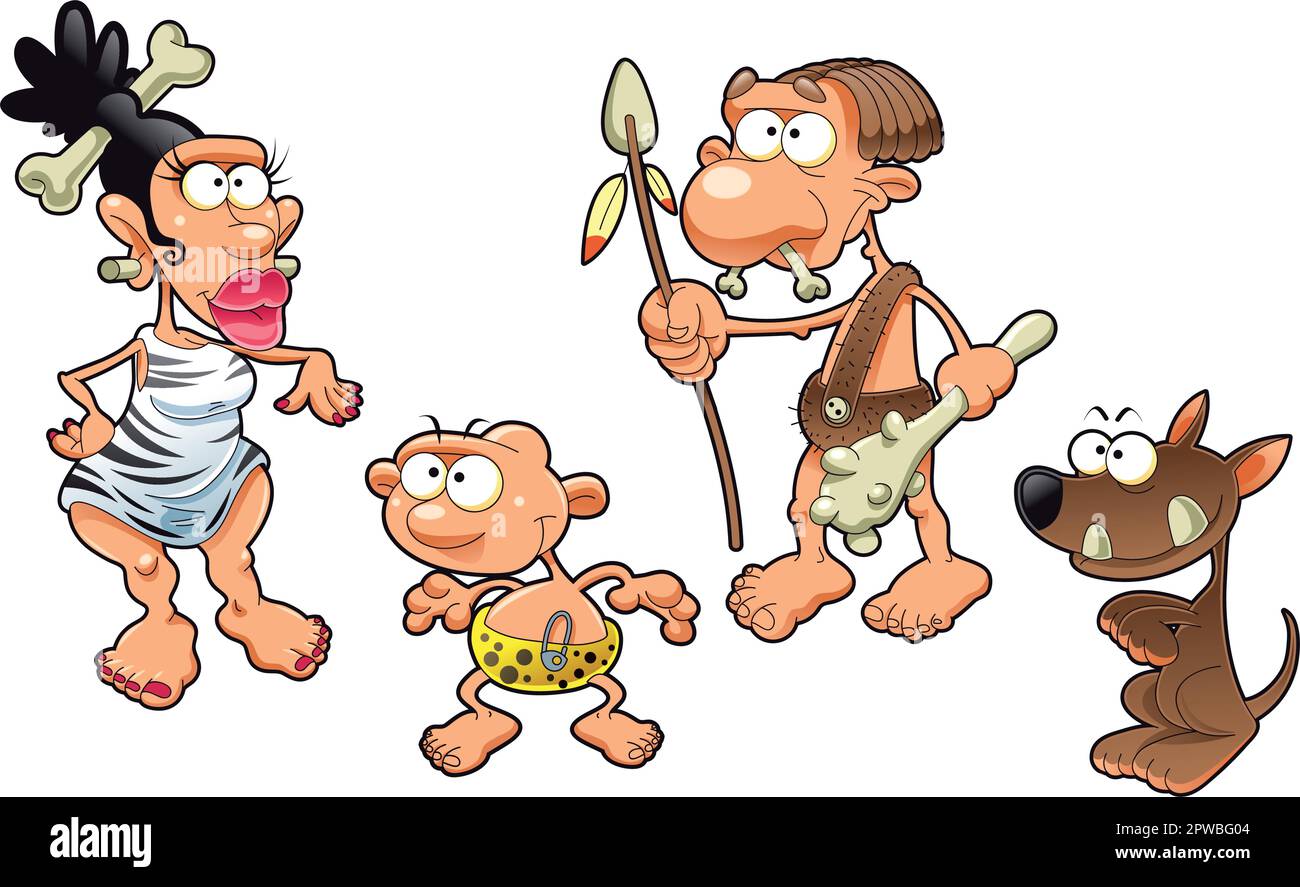 Prehistoric family, cartoon and vector characters Stock Vector Image ...