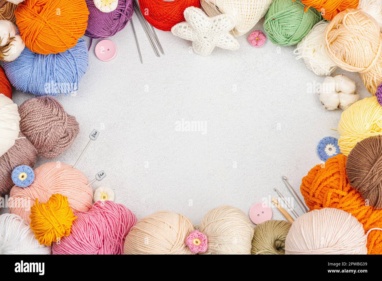 A set of colorful clew of thread for knitting and special craft tools ...