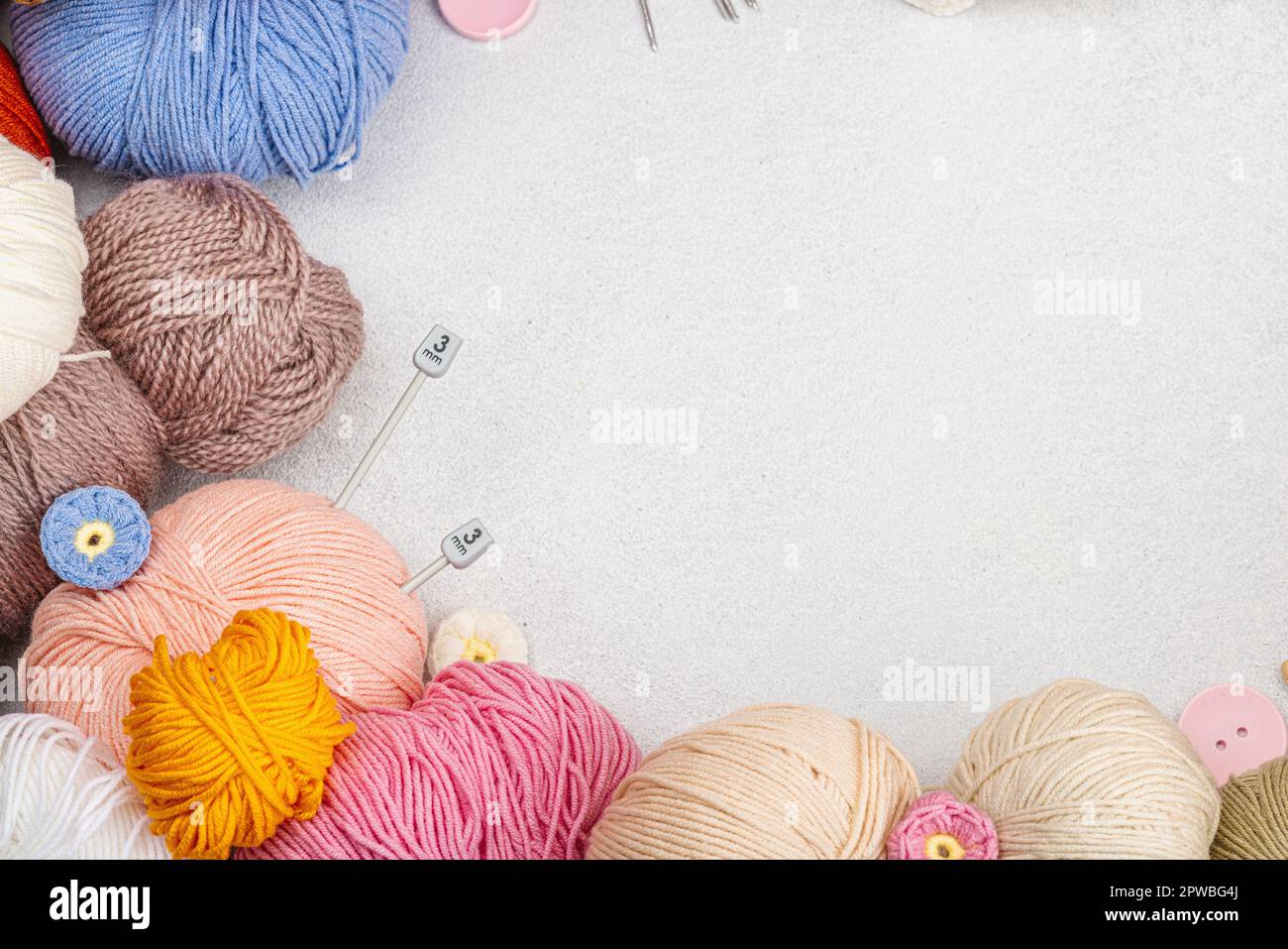 A set of colorful clew of thread for knitting and special craft tools ...
