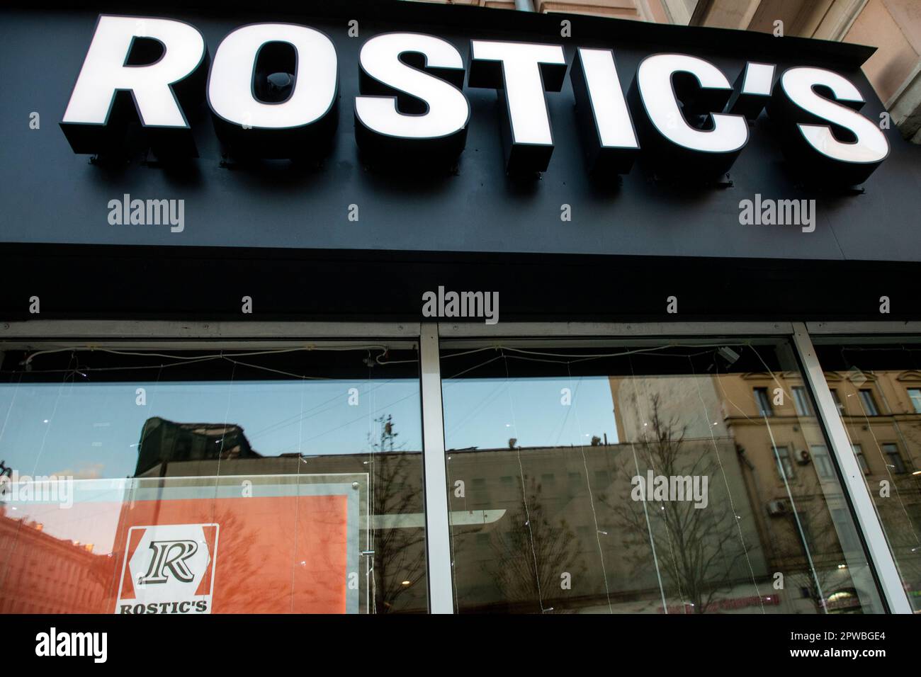 Moscow, Russia. 29th of April, 2023. Sign above an entrance of a Rostic ...