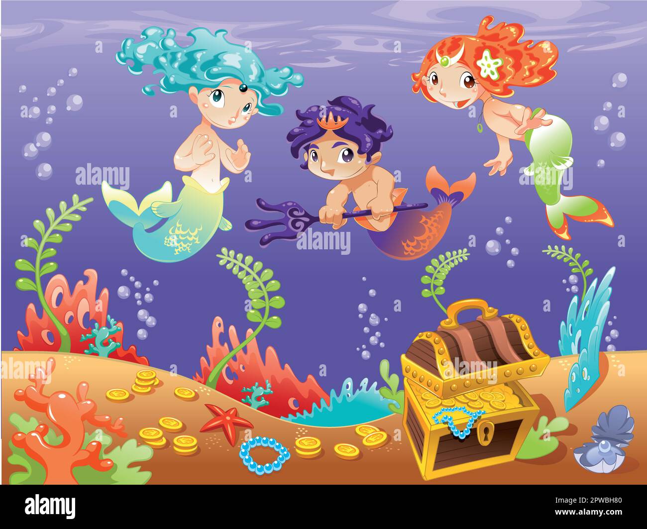 Baby Sirens and Baby Triton with background. Funny cartoon and vector ...