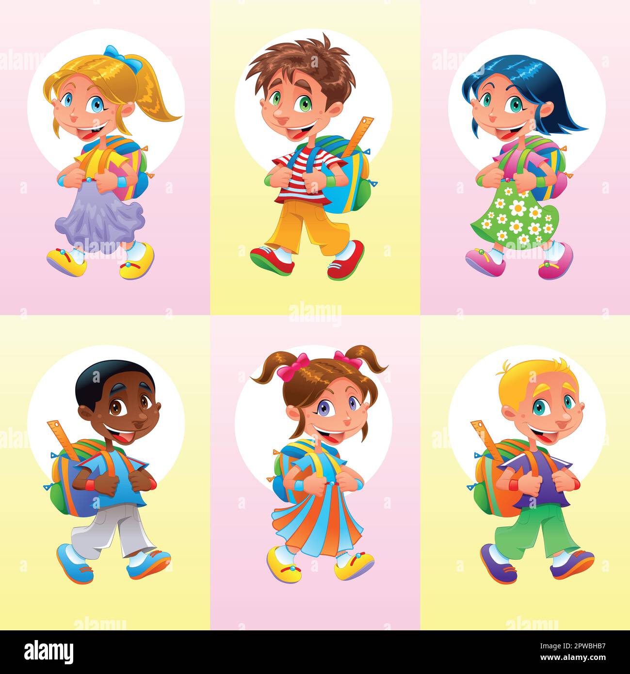 Students go to school, with background. Cartoon and vector character ...