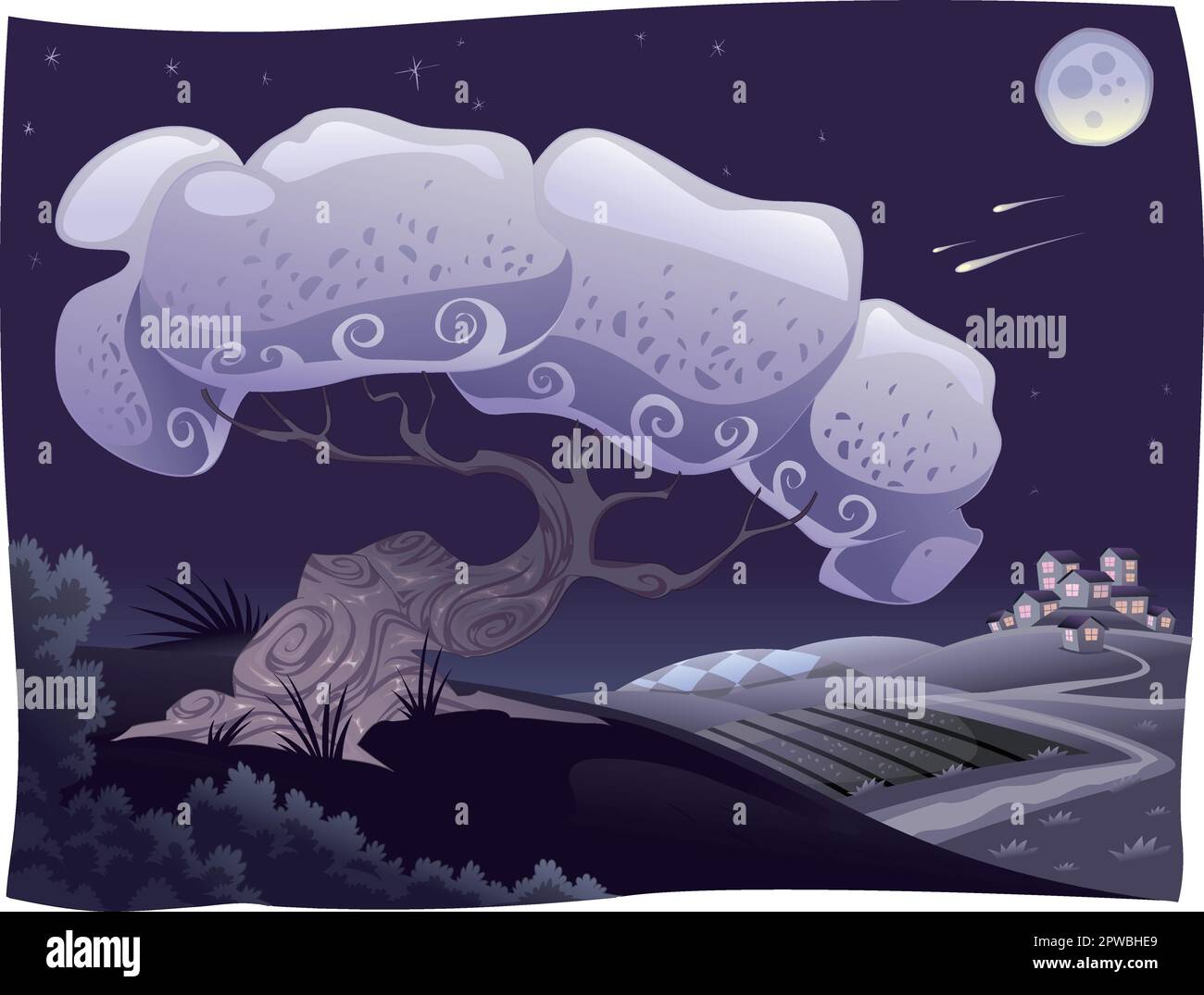 Countryside in the night. Vector and cartoon landscape. Objects ...