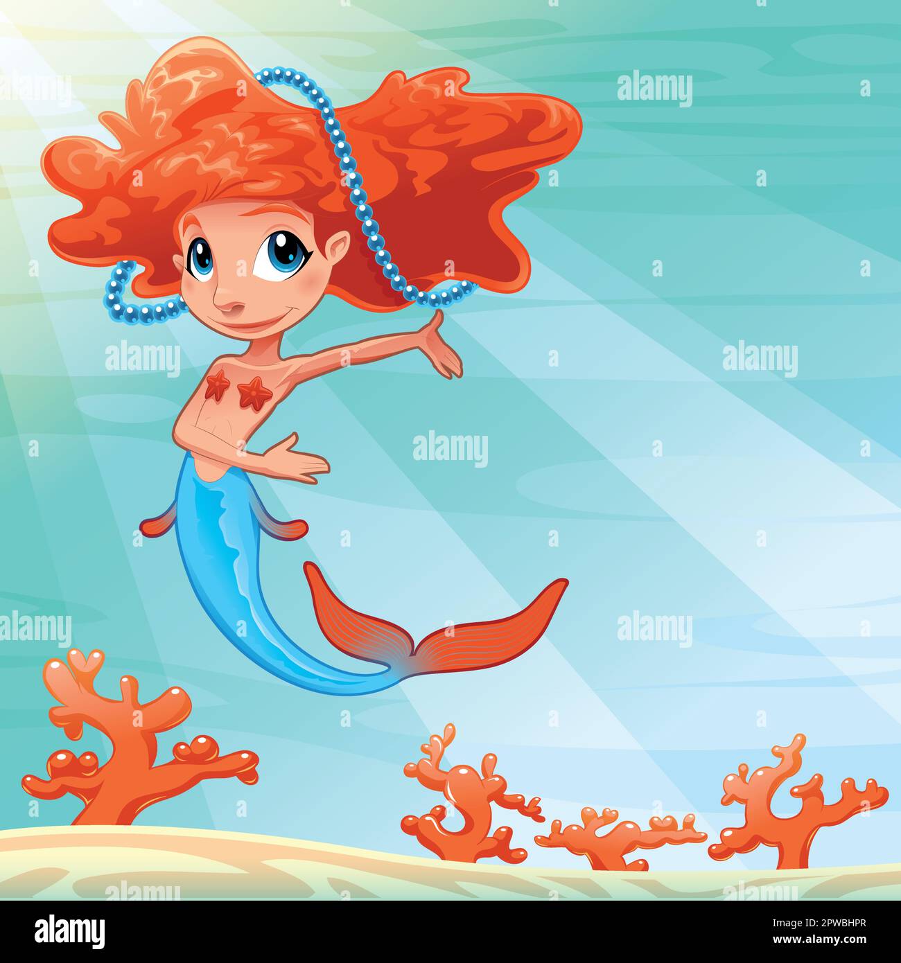 Young mermaid with background. Funny cartoon and vector mythological ...