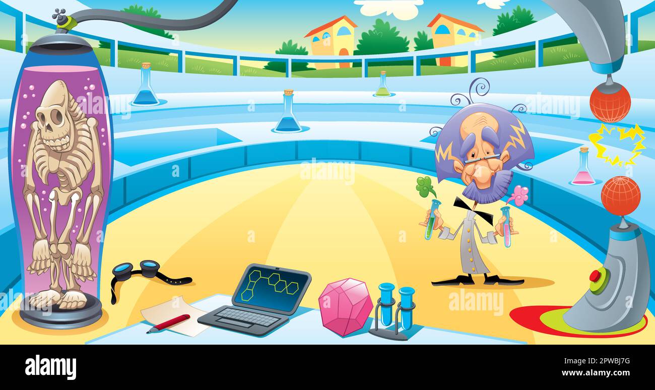 Mad scientist in the laboratory. Funny vector and cartoon illustration ...