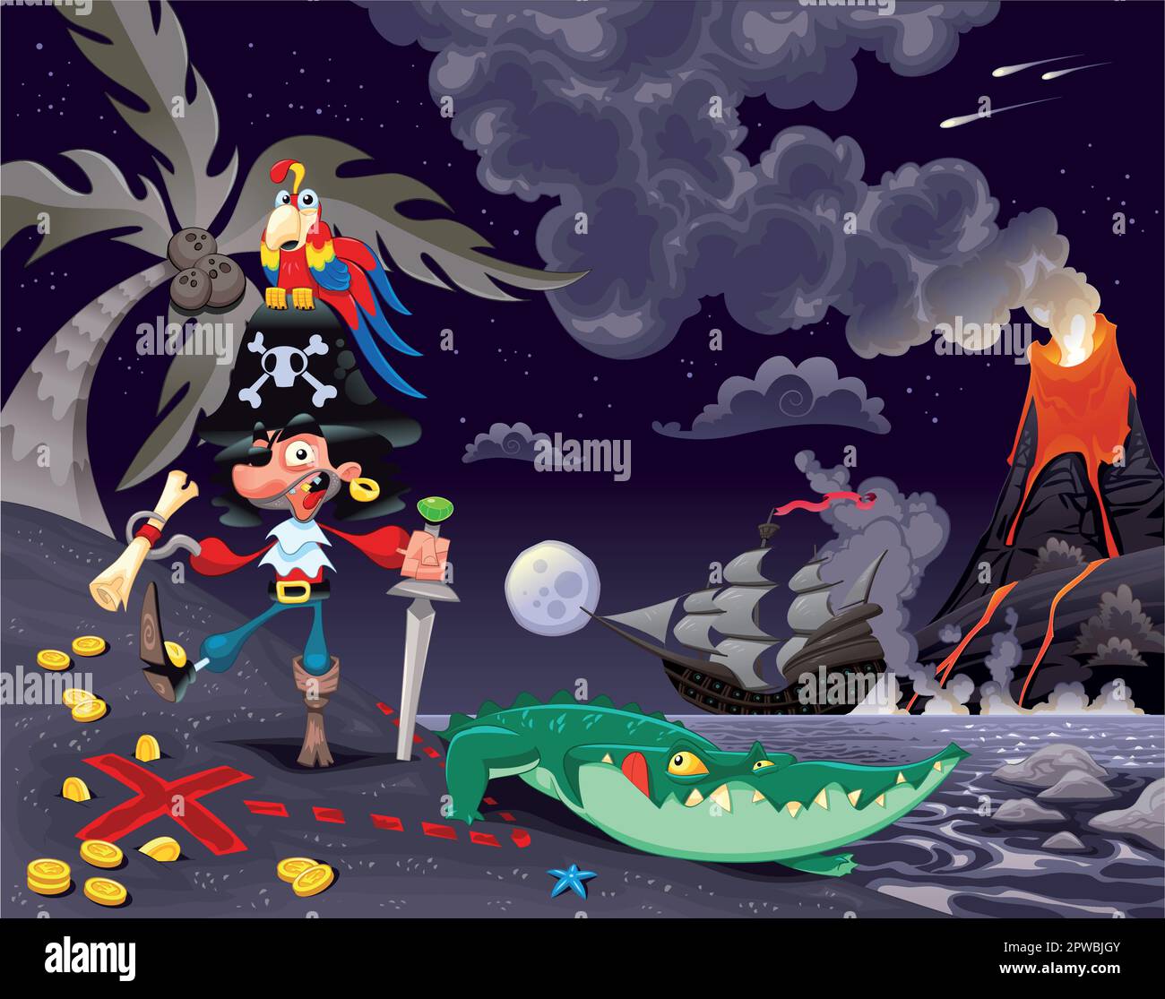 Pirate on the island in the night. Funny cartoon and vector scene Stock ...
