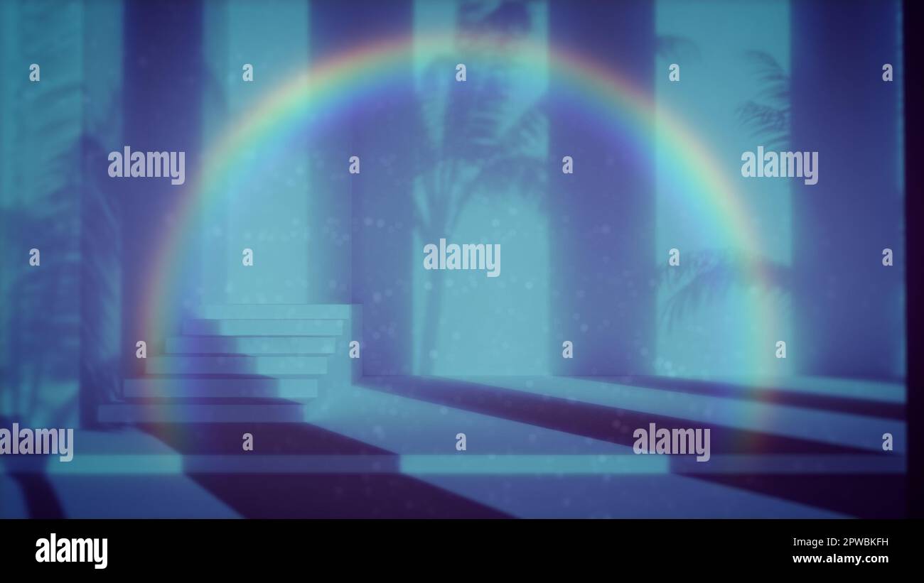 dark modern exhibition parlor bg with rainbow and palm shadows ...