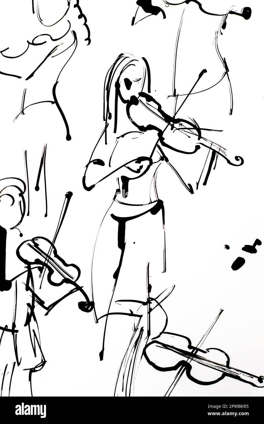 sketch of a violinist girl playing the violin. hand painted black ink ...