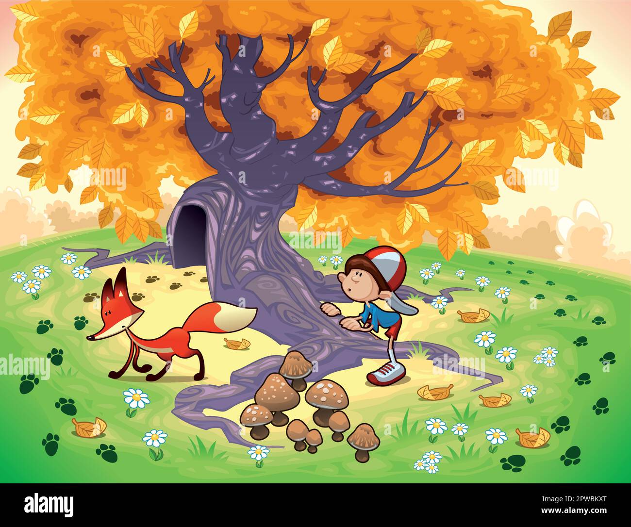 Boy and Fox in the wood. Funny cartoon and vector illustration Stock ...