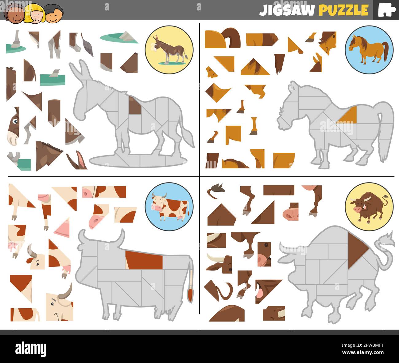jigsaw puzzle games set with cartoon farm animals Stock Vector Image ...
