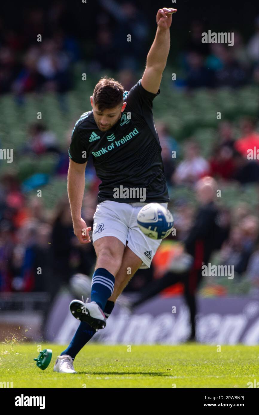 Dublin, Ireland. 29th Apr, 2023. Ross Byrne of Leinster kicks the ball ...