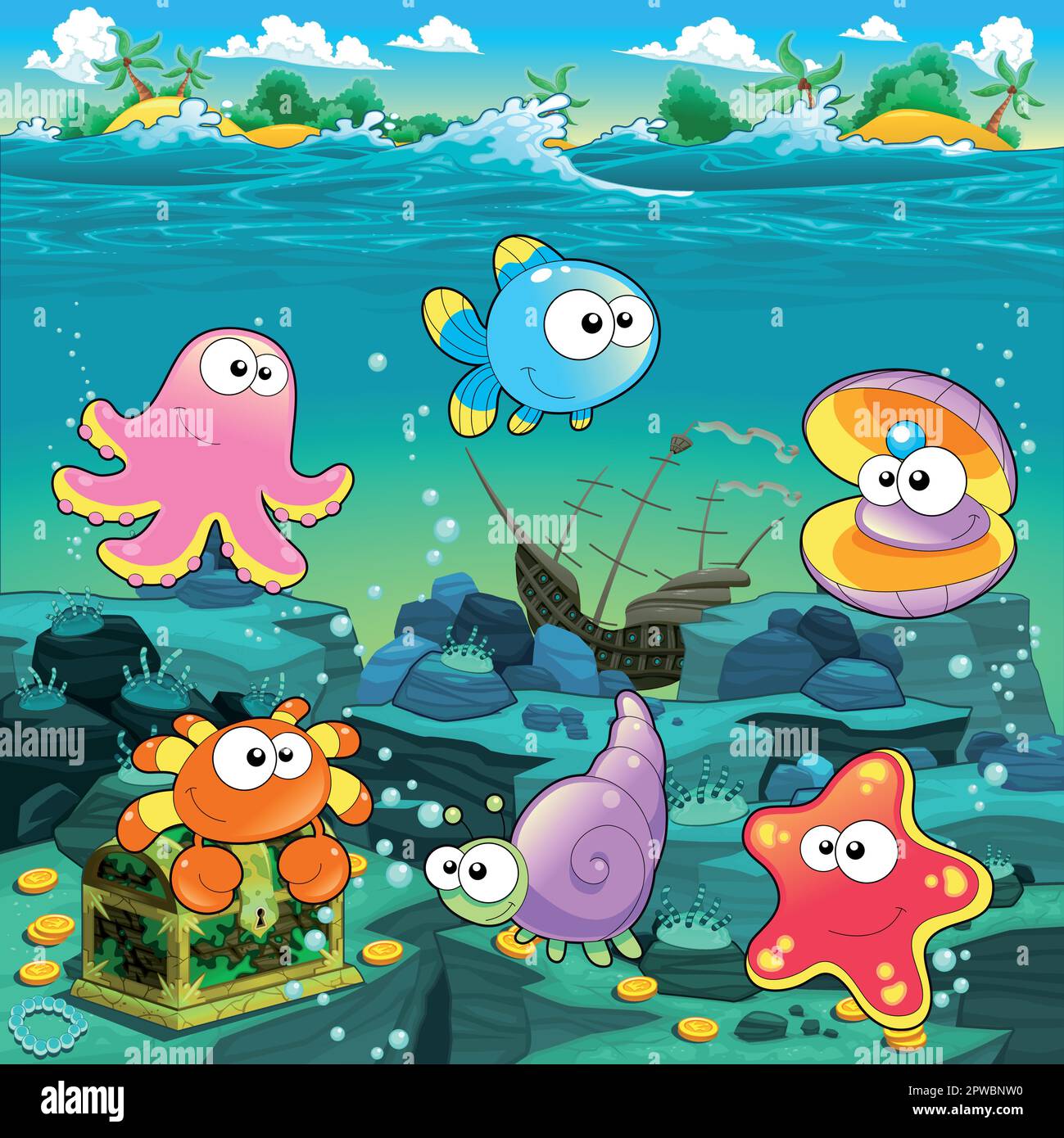 Seascape with treasure, galleon and fish. Vector cartoon illustration ...