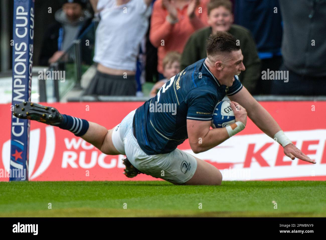 Dublin, Ireland. 29th Apr, 2023. Dan Sheehan of Leinster scores a try ...