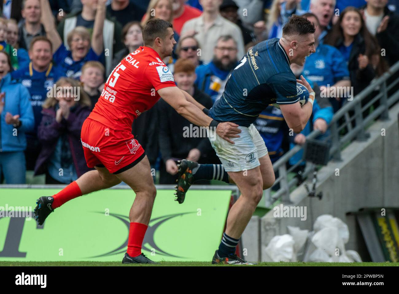 Dublin, Ireland. 29th Apr, 2023. Dan Sheehan of Leinster runs to score ...