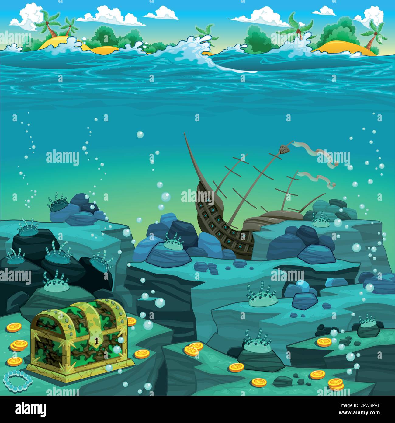 Seascape with treasure and galleon. Vector cartoon illustration Stock ...