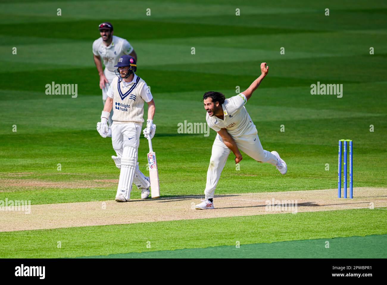 LONDON, UNITED KINGDOM. 29 April, 2023. Wes Agar of Kent (right) bowls ...