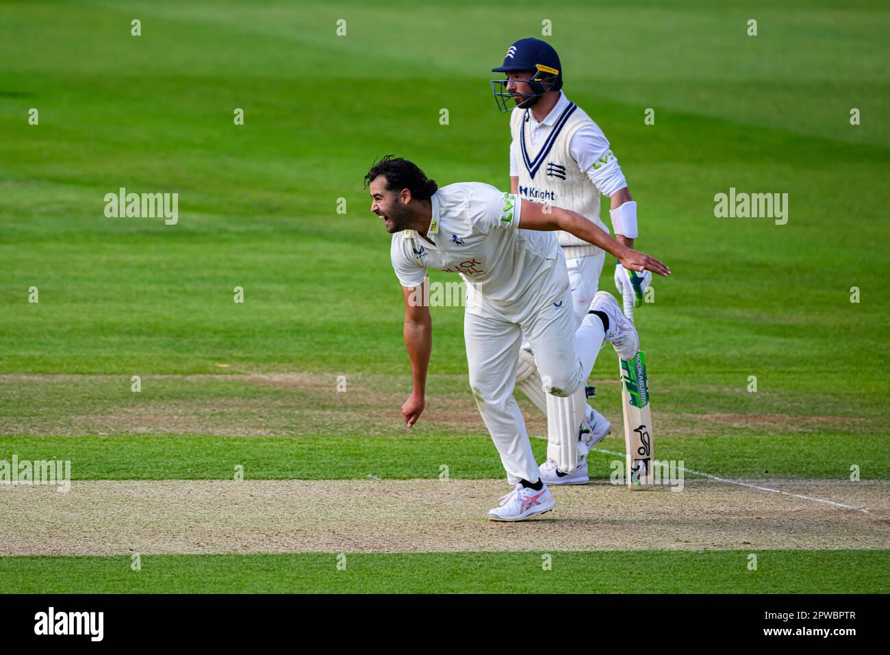LONDON, UNITED KINGDOM. 29 April, 2023. Wes Agar of Kent (centre) bowls ...