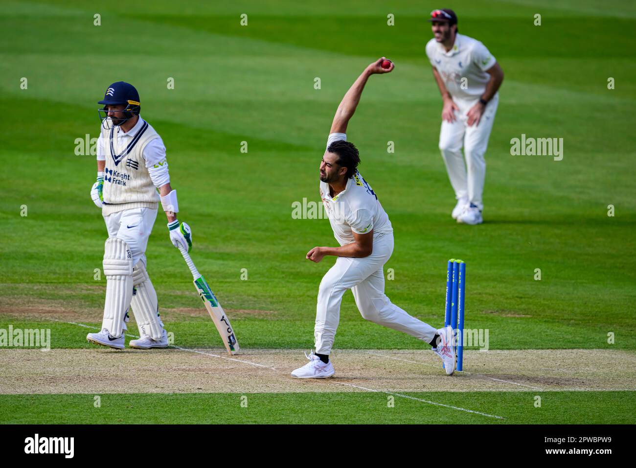 LONDON, UNITED KINGDOM. 29 April, 2023. Wes Agar of Kent (centre) bowls ...