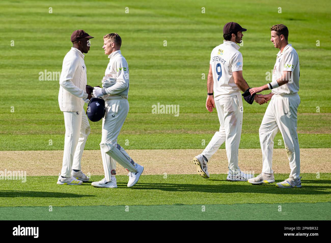 LONDON, UNITED KINGDOM. 29 April, 2023. S. Robson of Middlesex (centre ...