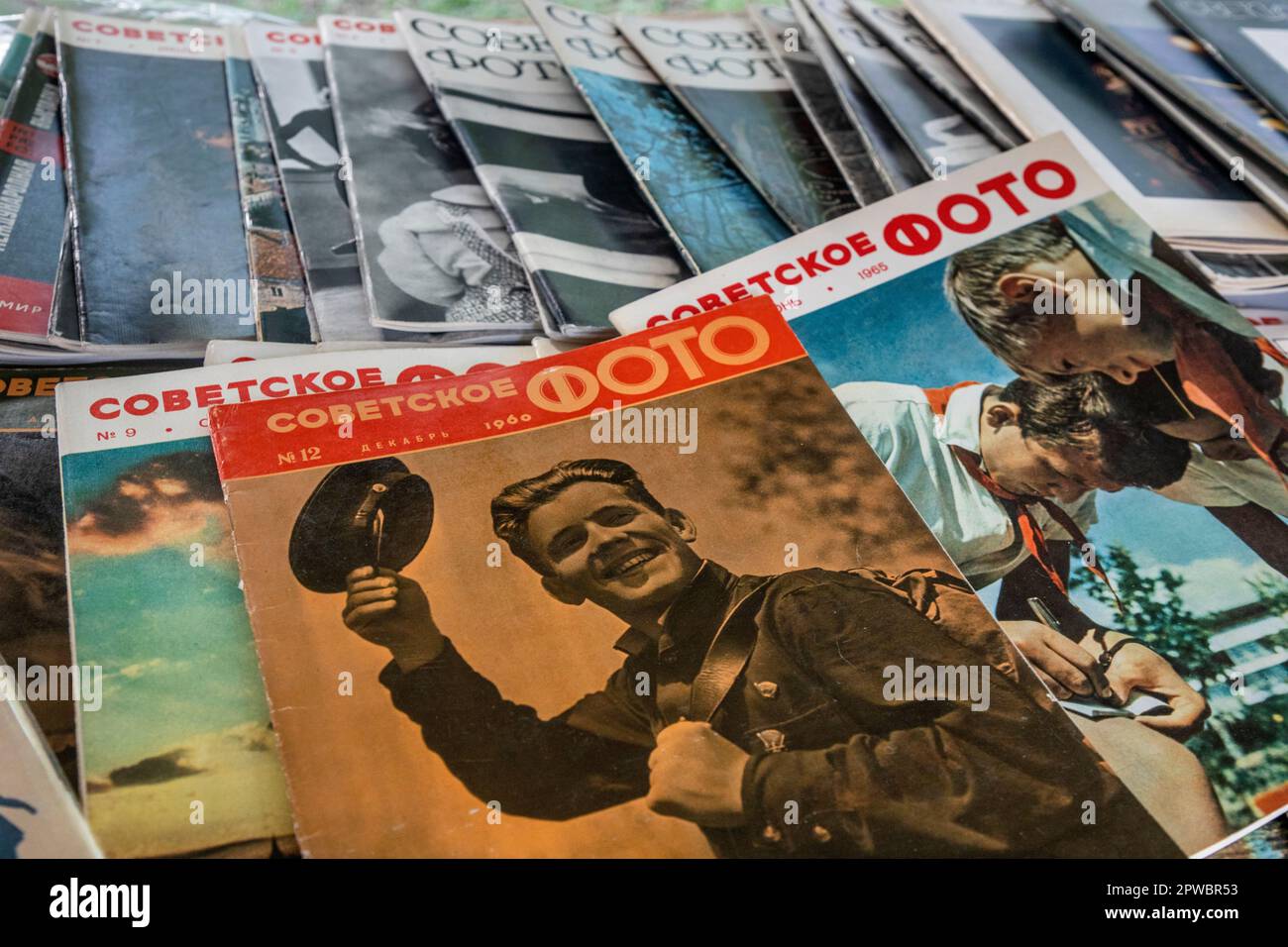 Retro magazines "Soviet photos" of different years lie on a counter of ...