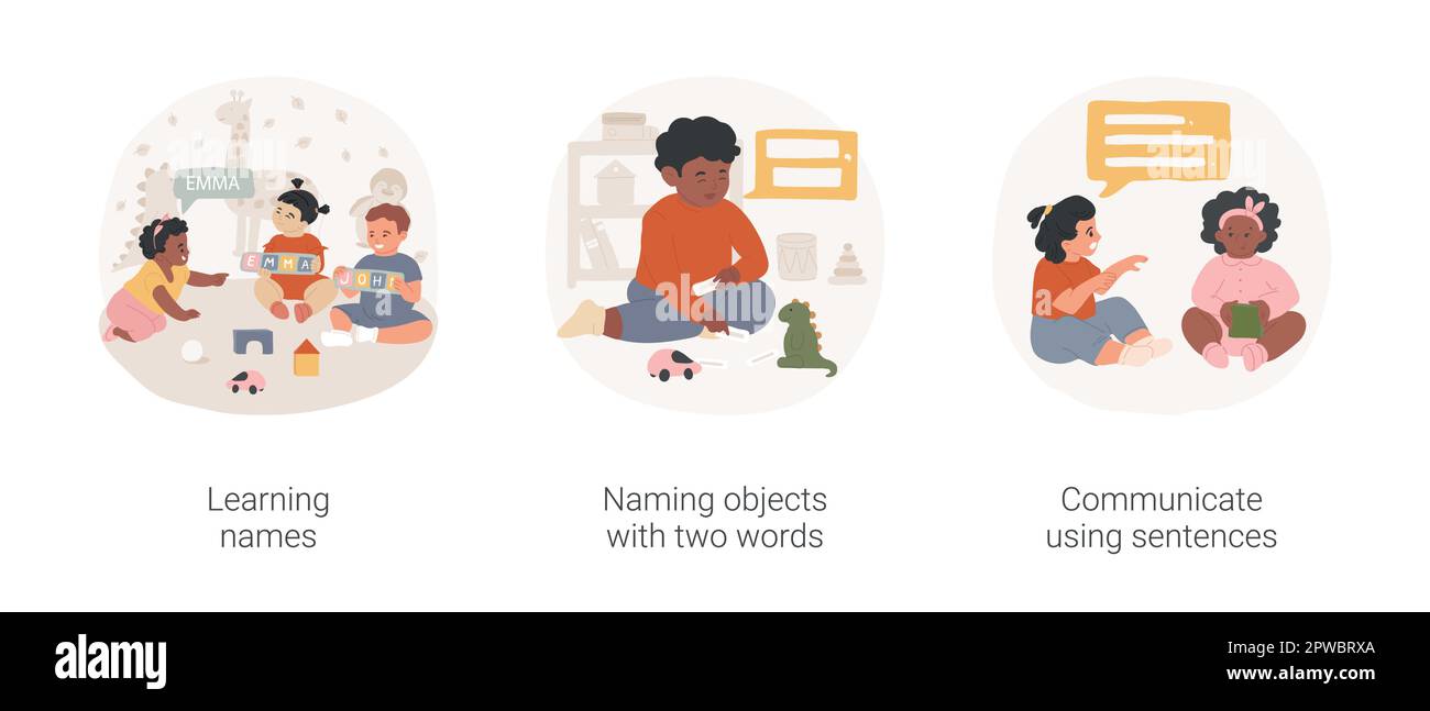 Toddlers communication skills isolated cartoon vector illustration set ...