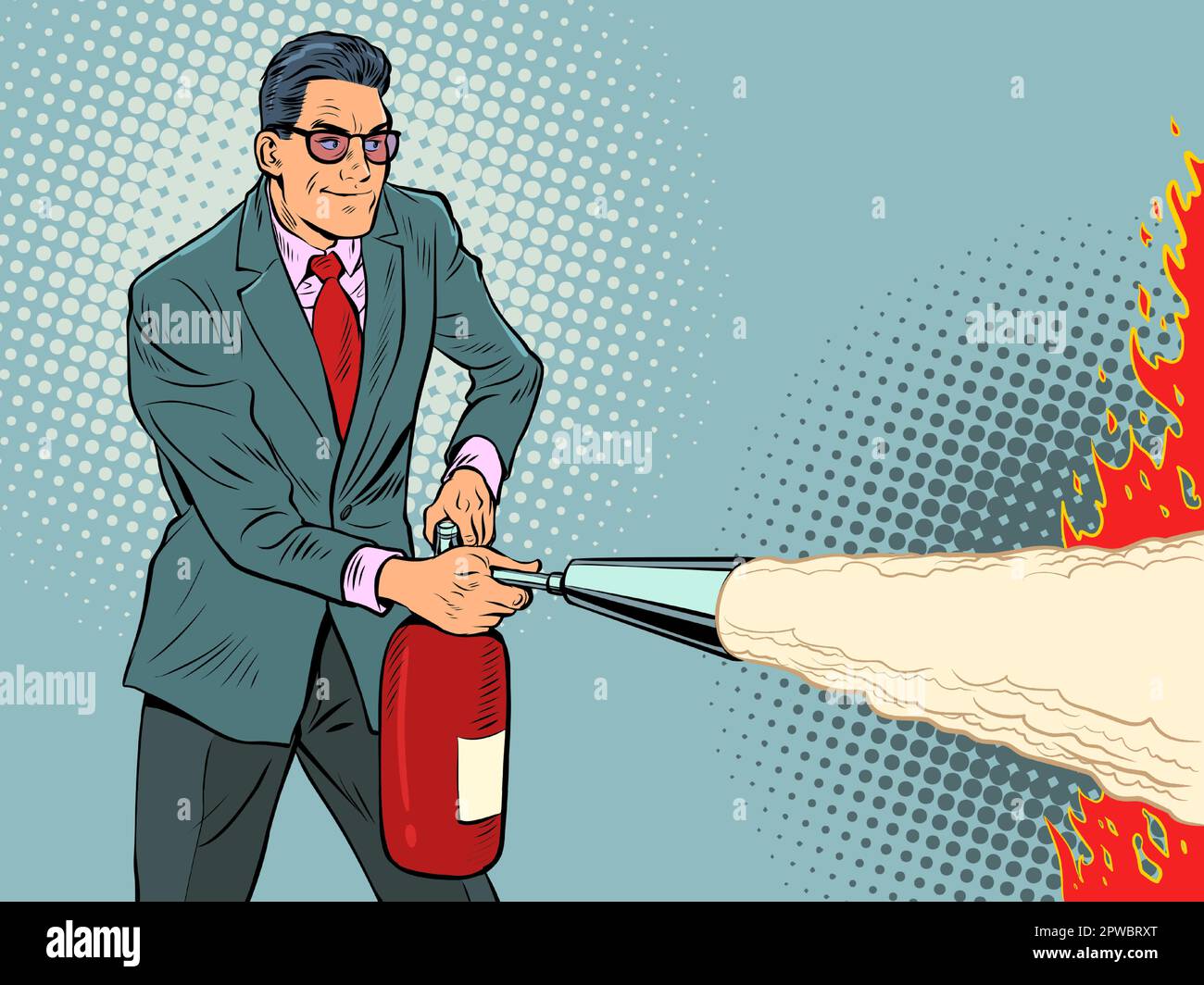 A businessman with a fire extinguisher is preparing to put out a fire ...