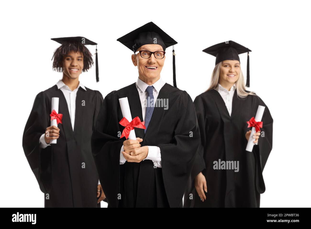 Elderly man and graduate students in gowns holding diplomas isolated on ...