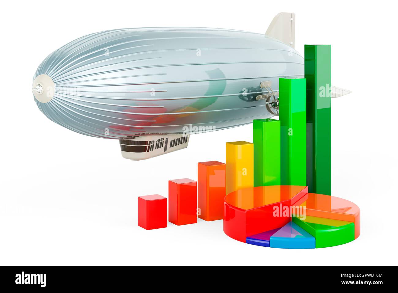 Dirigible balloon with growth bar graph and pie chart. 3D rendering ...