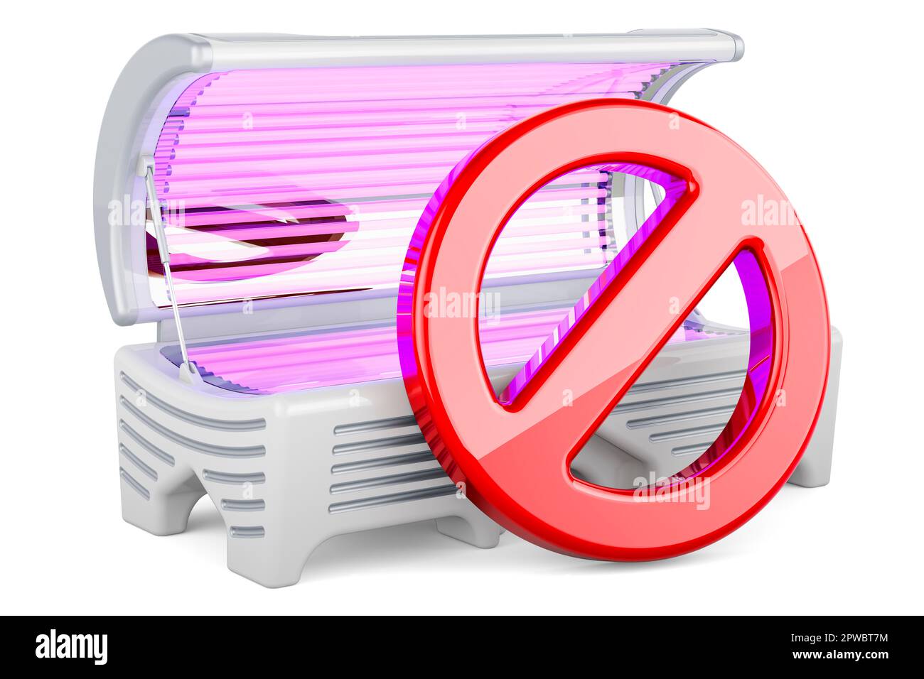 Horizontal tanning bed with forbidden symbol, 3D rendering isolated on ...