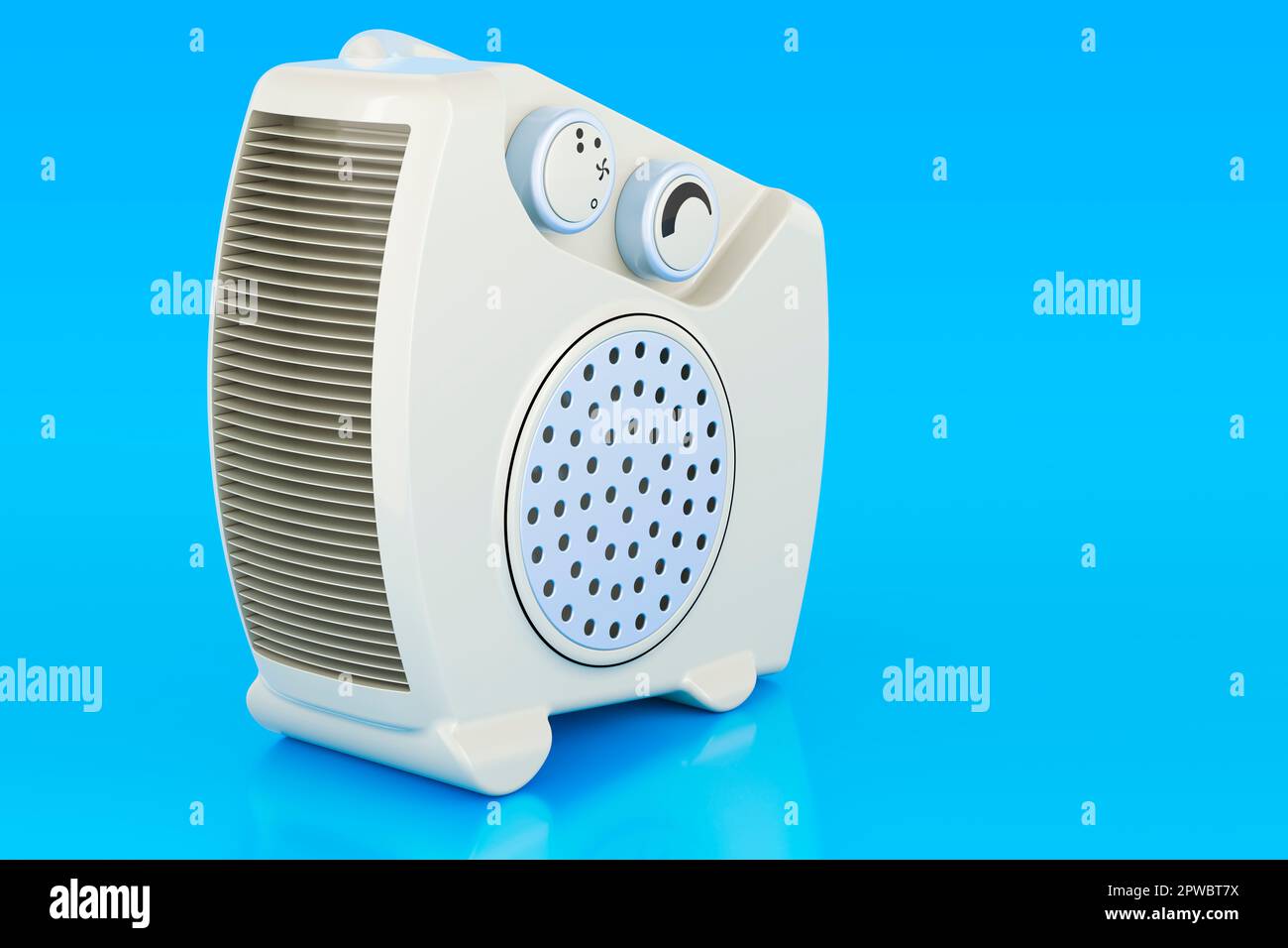 Fan heater on blue backdrop, 3D rendering Stock Photo - Alamy