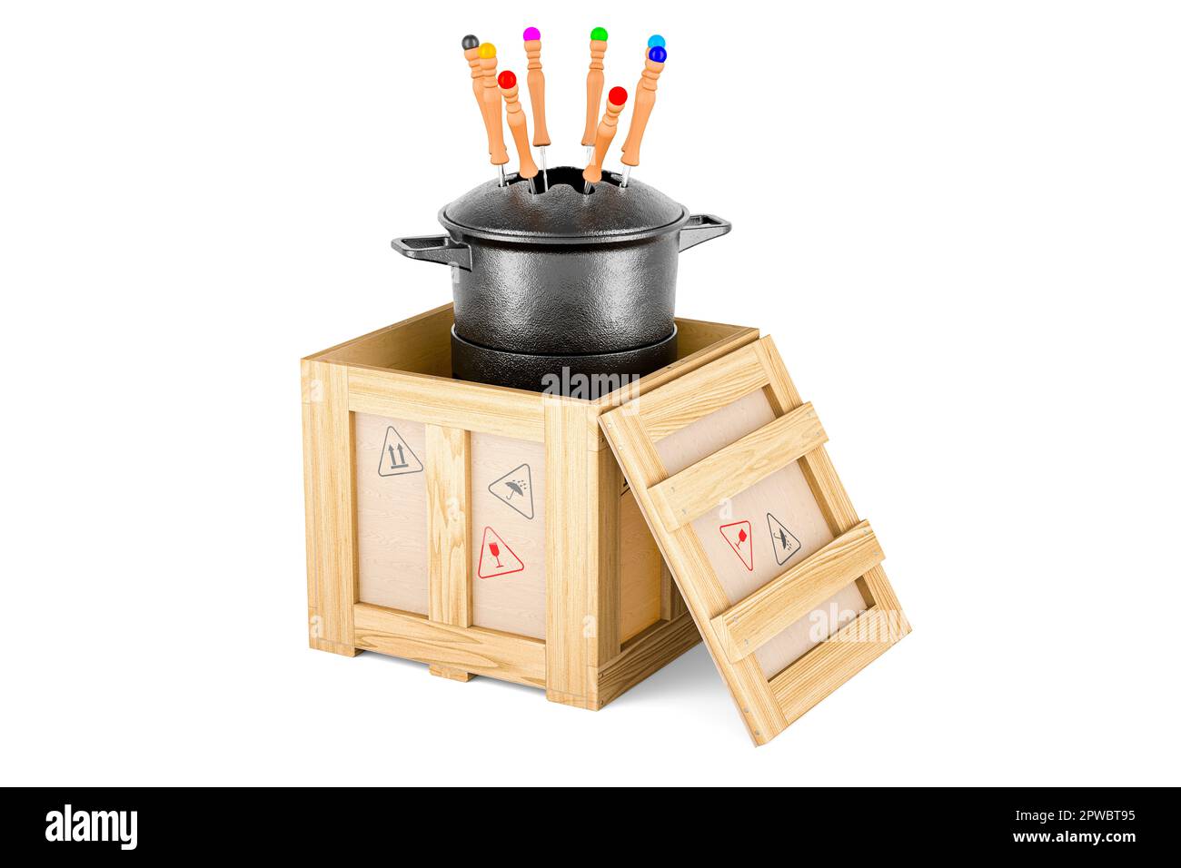 Fondue set inside wooden box, delivery concept. 3D rendering isolated ...