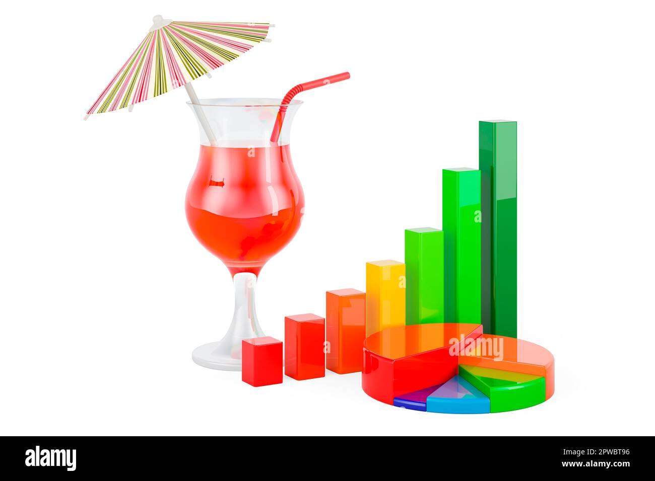 Tropical cocktail with growth bar graph and pie chart, 3D rendering ...