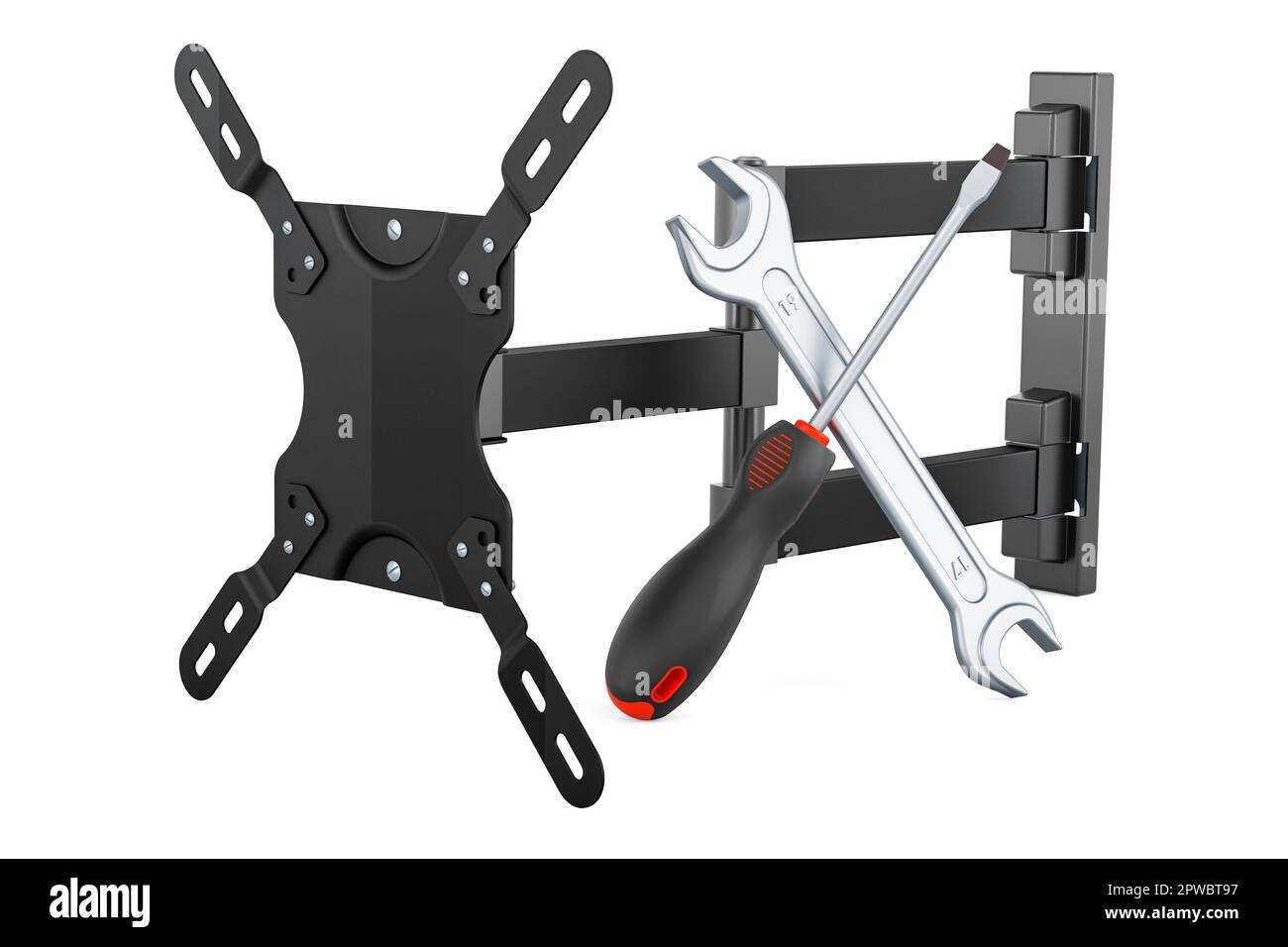 TV Monitor Wall Mount with screwdriver and wrench, 3D rendering ...