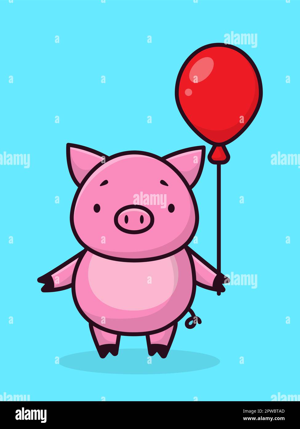Cartoon cute pig with red air balloon. Childrens card, childrens poster ...