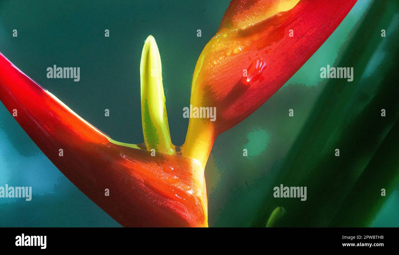 Amazing View On Heliconia Psittacorum Parrot Beak And Deop Of Water On Tropical Flower From