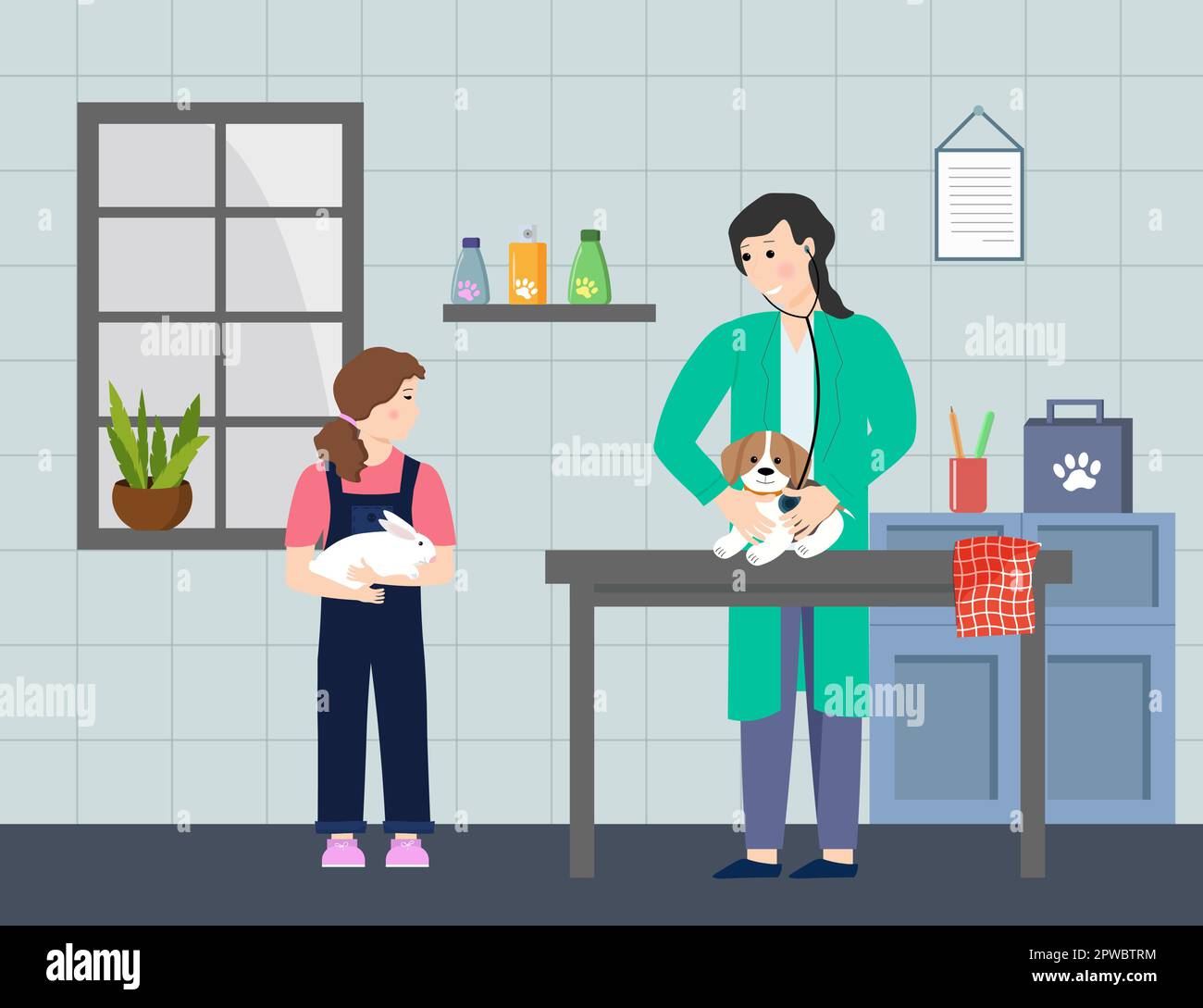 Reception at the veterinary clinic. The doctor examines the puppy. Girl ...
