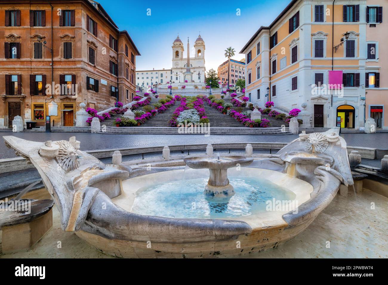 Spanish Steps in the morning with azaleas in Rome, Italy. Spanish Steps ...