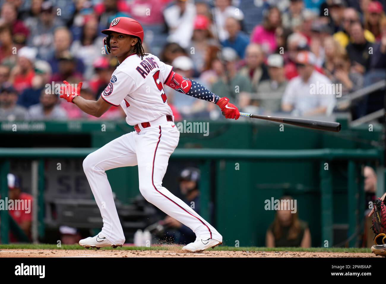 Washington Nationals' CJ Abrams swings during an at-bat in the first ...