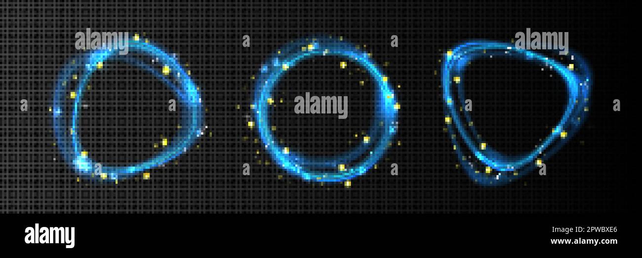 Magic light effect, blue neon glow lines with gold stars and sparkles. Abstract frames with ...