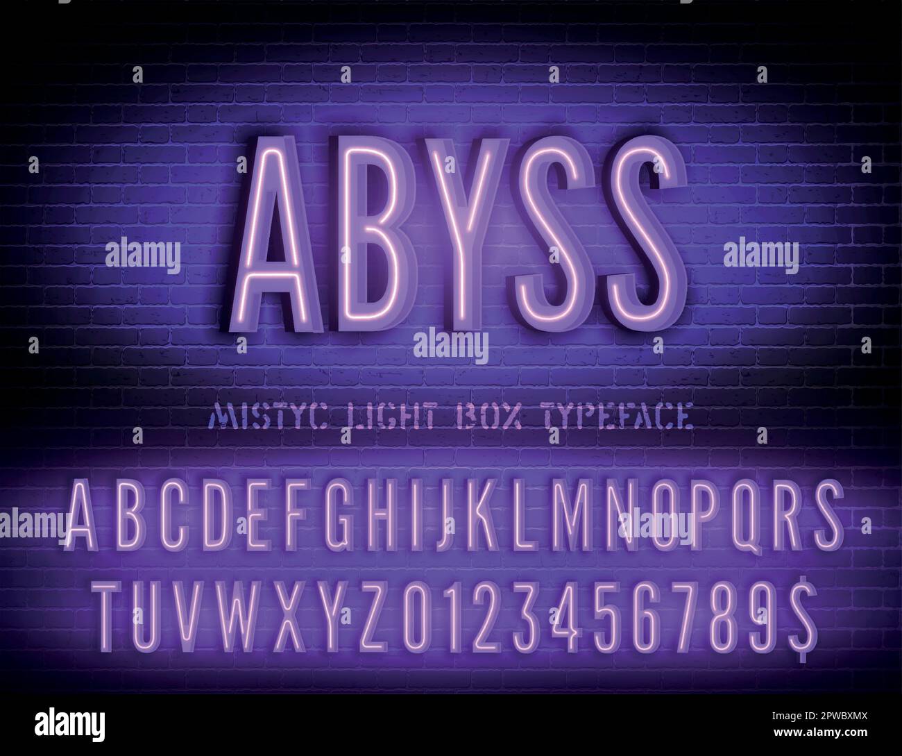 Abyss sign with violet neon box narrow alphabet on dark brick wall ...