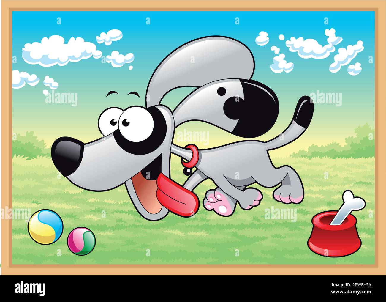 Dog is running in meadow with his toys, vector cartoon illustration ...