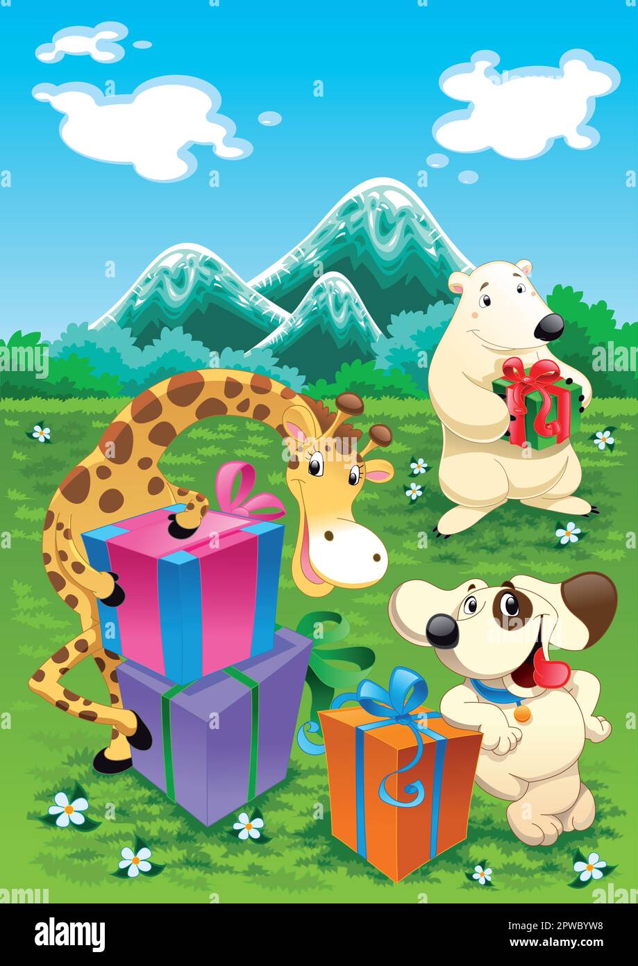 Animals and gifts with background, cartoon and vector characters for ...