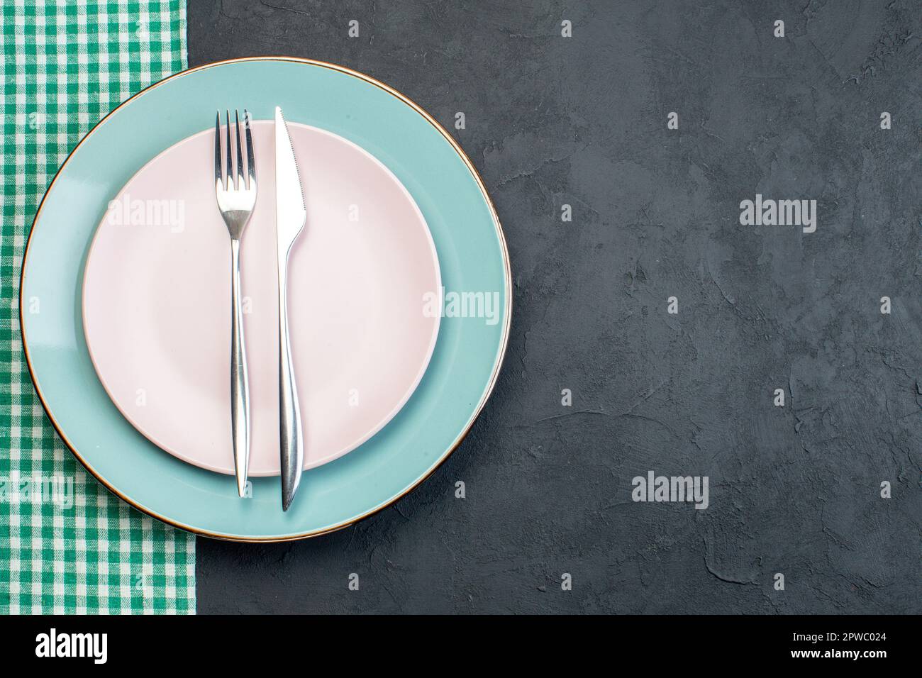 top view elegant white plate with blue plate on dark background ...