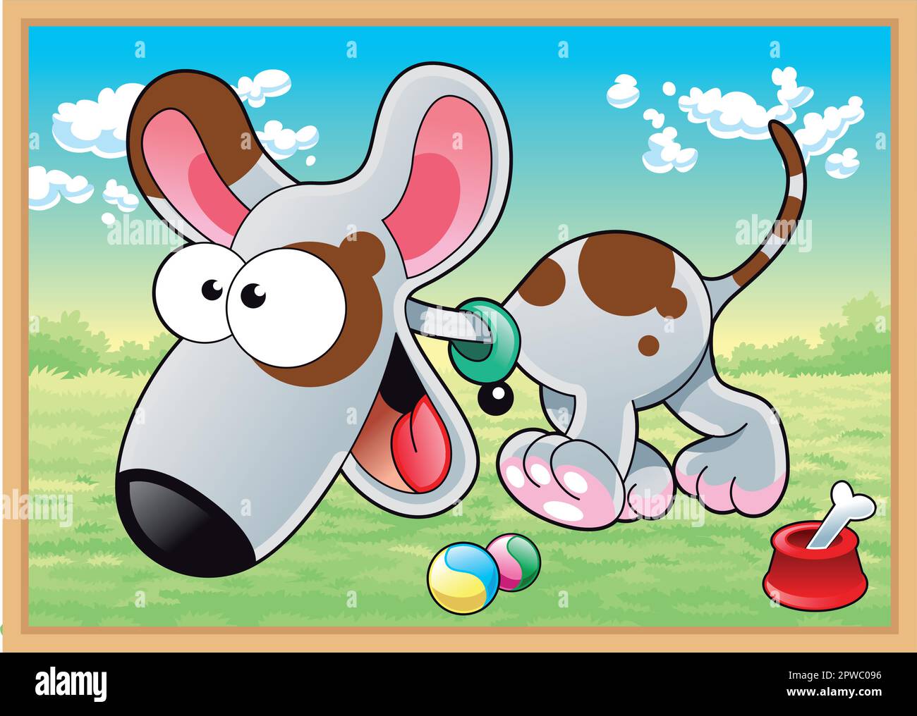 Dog is running in meadow with his toys, vector and cartoon illustration ...