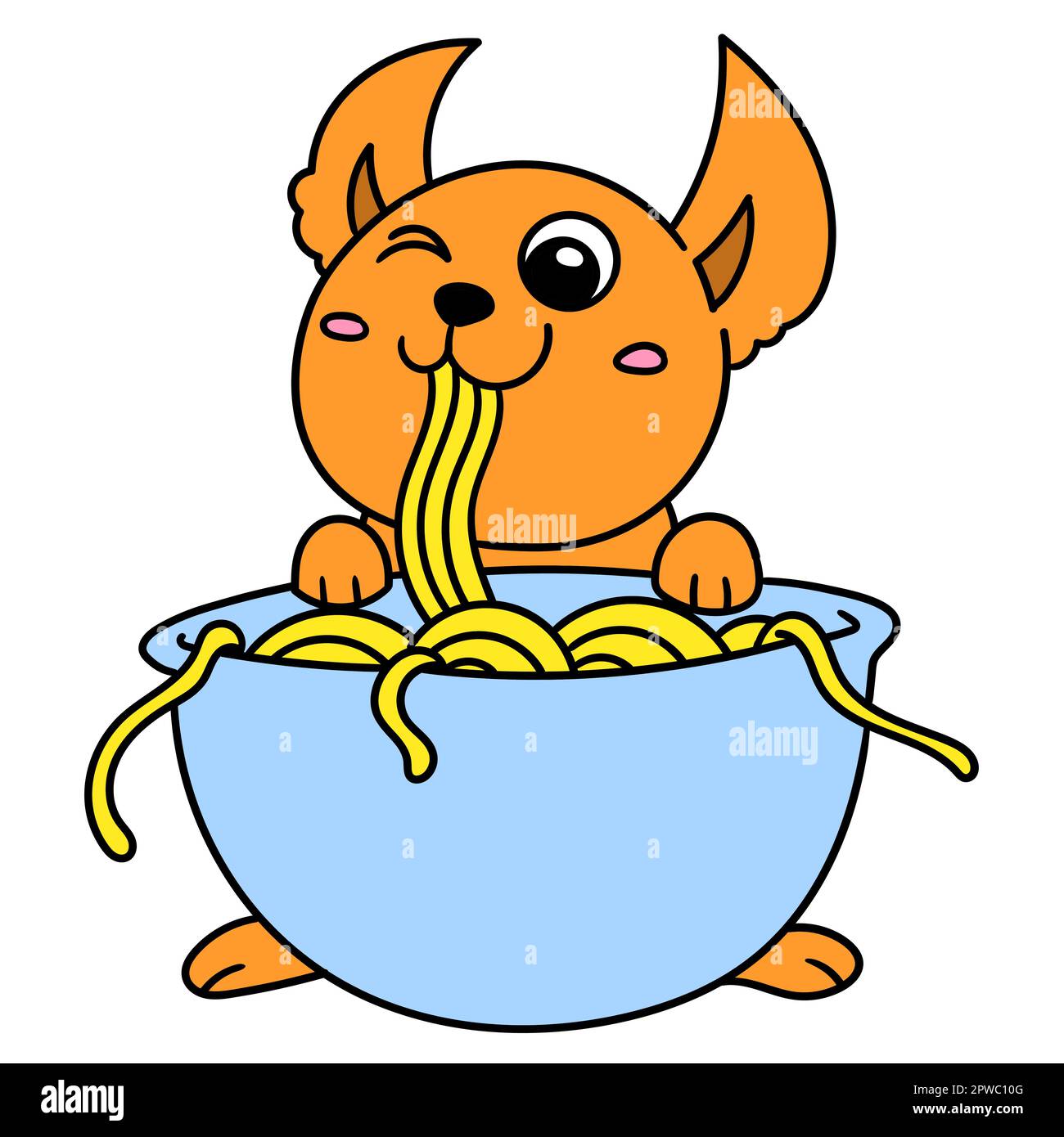 cute creature is enjoying eating the noodles from the bowl, doodle ...