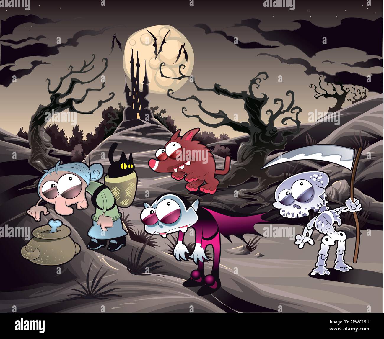 Horror landscape with characters. Cartoon and vector illustration Stock ...