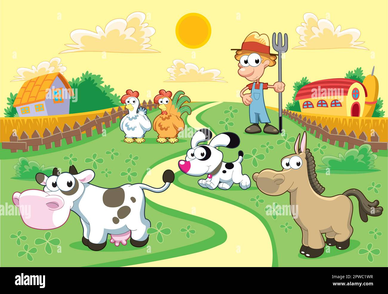 Farm Family with background. Funny cartoon and vector illustration ...