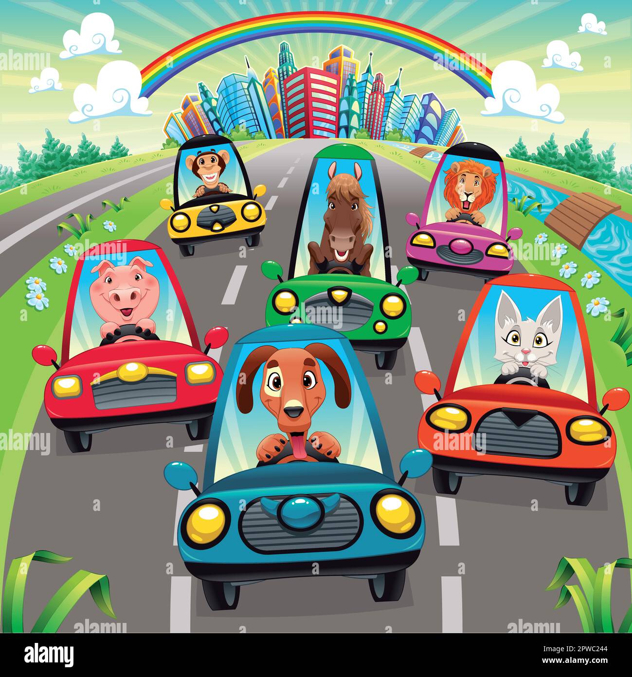 Traffic on the road. Funny cartoon and vector illustration, isolated ...