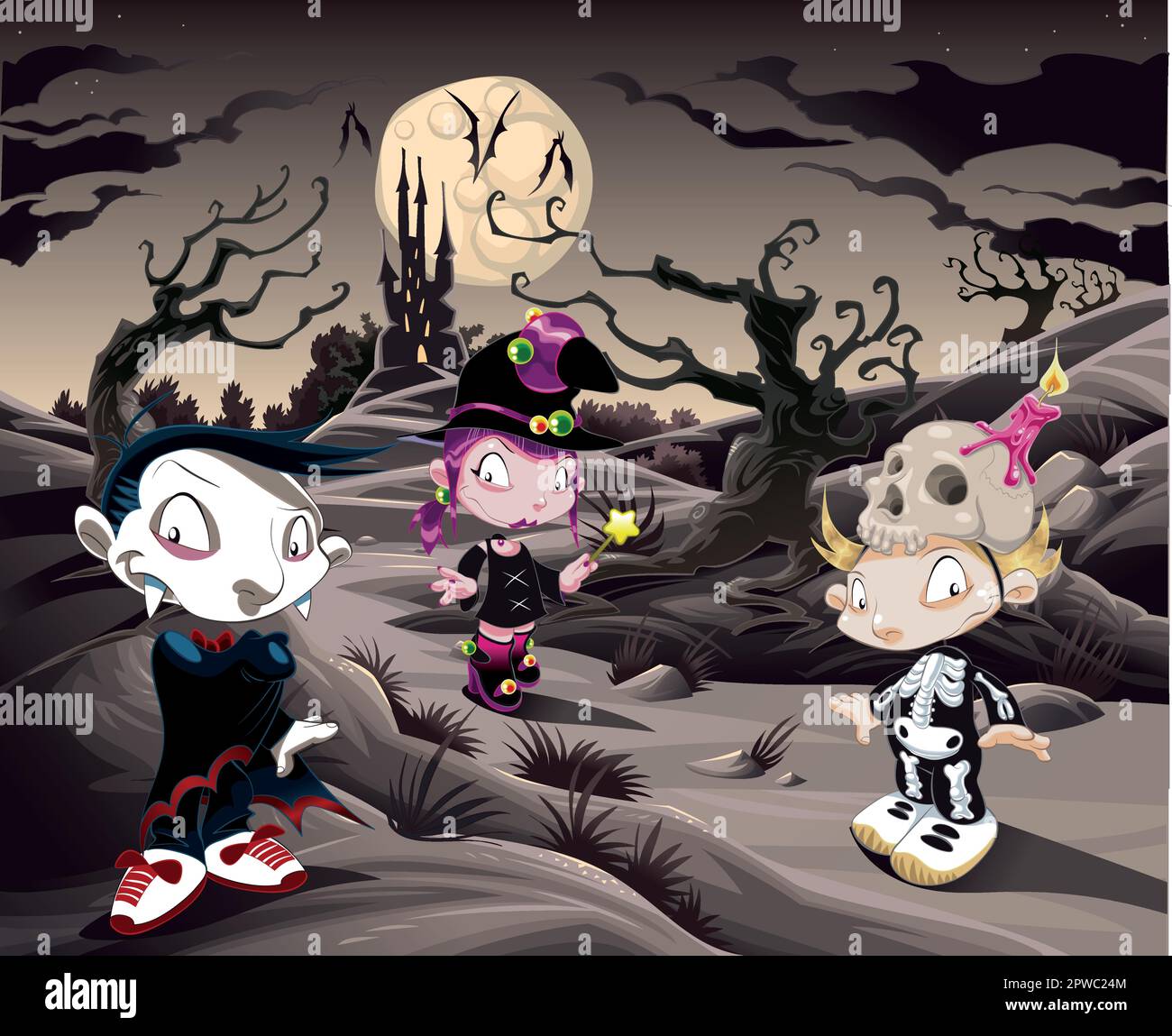 Horror landscape with characters. Cartoon and vector illustration Stock ...