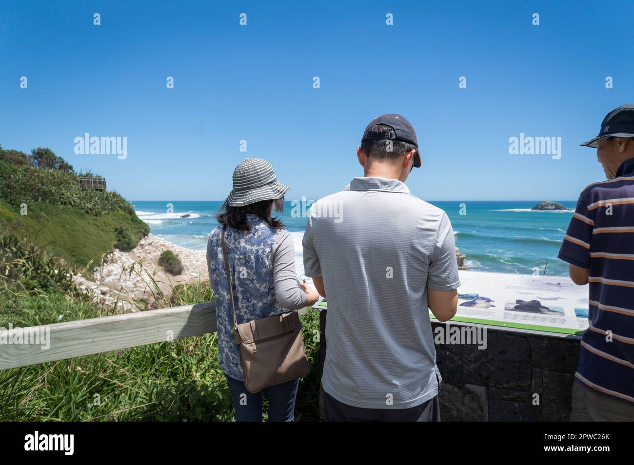 Tourists reading the information board at Muriwai Gannet Colony lookout ...